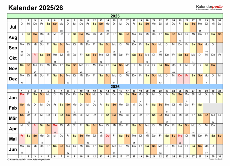 Kalenderwochen 2025 Und 2026 kalenderwochen 2026 : Kw 2026 Tabelle (mit ...